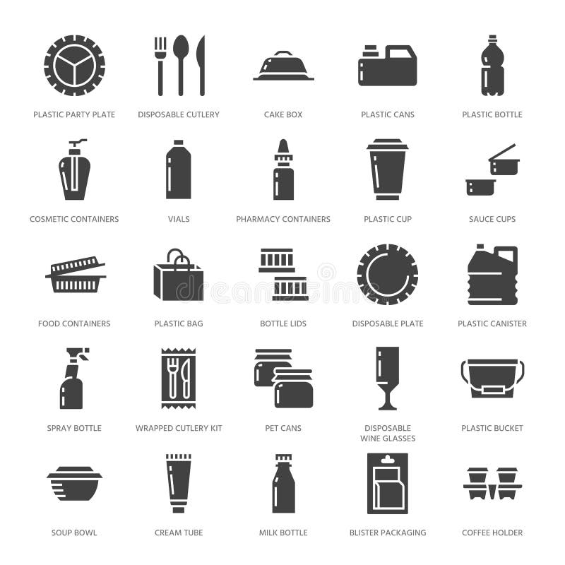 Plastic Packaging, Disposable Tableware Vector Glyph Icons. Product ...
