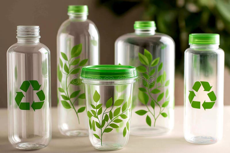 Plastic Packaging Items Featuring Green Recycling Arrows and Eco-labels ...