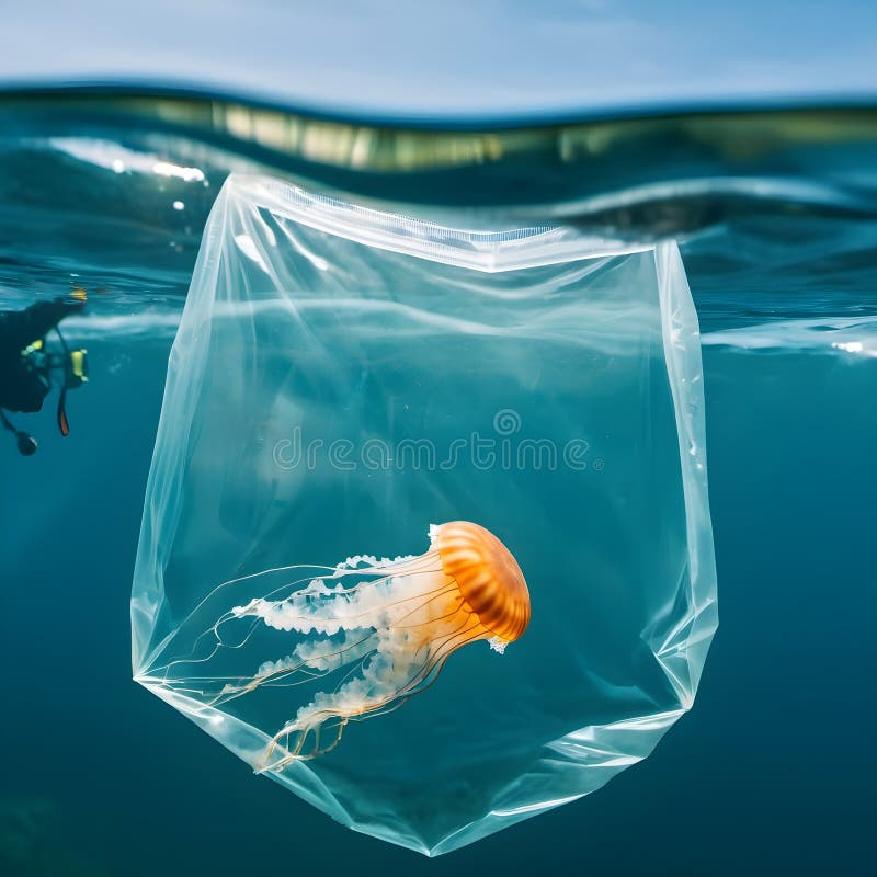 Plastic Peril: Jellyfish Navigating a Sea of Waste Stock Illustration - Illustration of ...