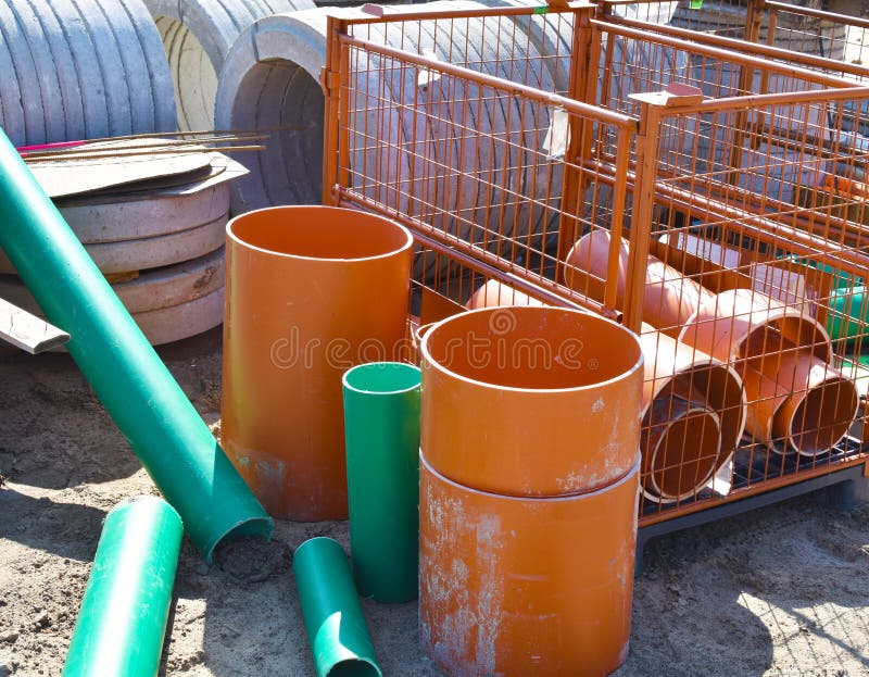 Plastic Pipes on a Construction Site with Different Materials and Wire ...