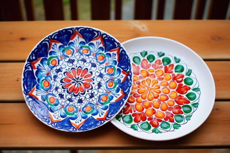 A Plastic Plate Next To a Hand-painted Ceramic Plate Stock Image ...