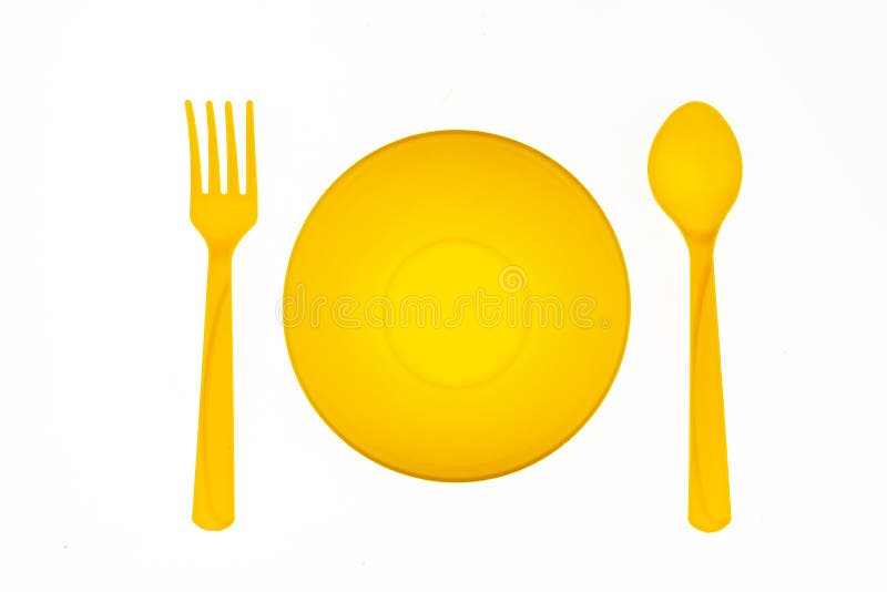 Plastic Plate Yellow, Spoon, Fork, Clipping Path, Isolated on White ...