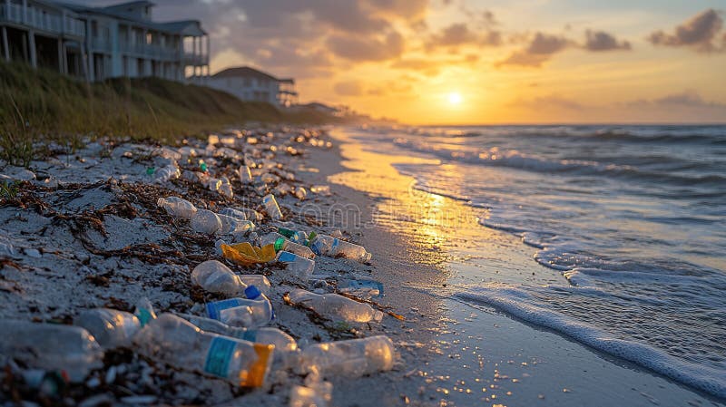 Plastic Pollution on a Beach at Sunset Stock Illustration ...