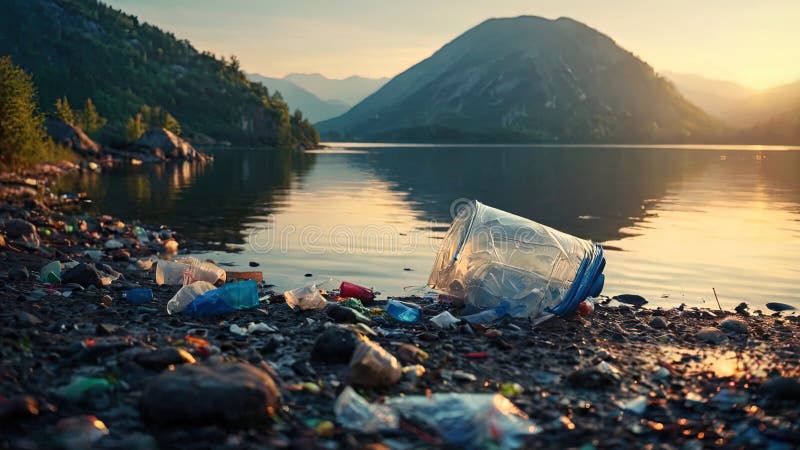 Plastic Pollution of Beautiful Mountain Lake Stock Illustration ...