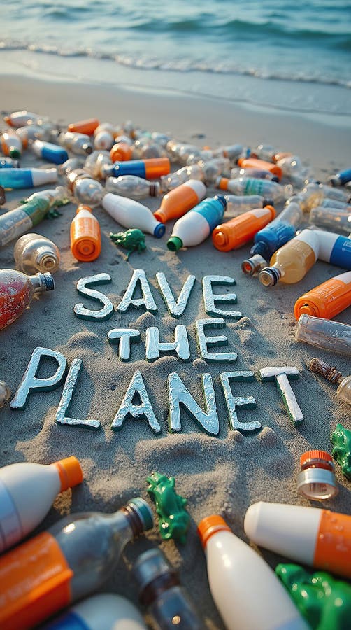 Save the Planet Message with Plastic Bottles on Sandy Beach Stock ...