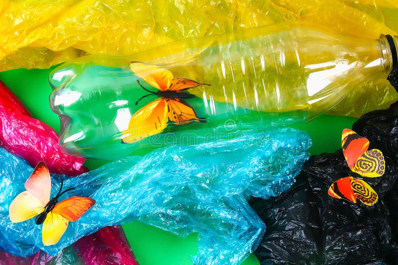 Plastic Pollution in Environmental Problem Nature. Butterflies Plastic ...