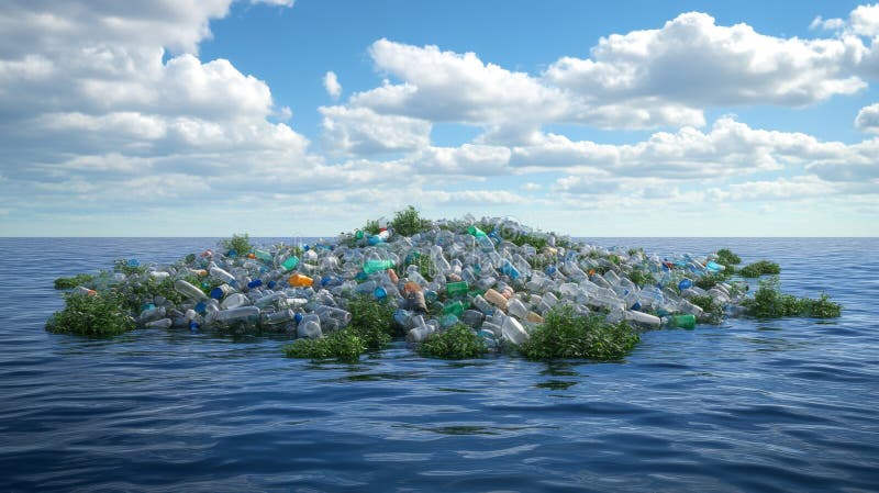 Plastic Pollution Island in a Blue Ocean Stock Illustration ...