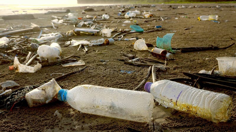 Plastic Pollution, Ocean Coast with Various Types of Trash and Debris ...