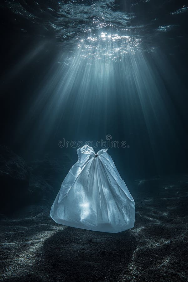 Plastic Pollution in Ocean, Environmental Problem. White Plastic Bag ...