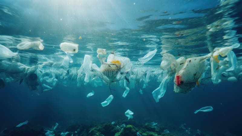 Plastic Pollution of the Ocean. Plastic Garbage Floating in Water Stock ...