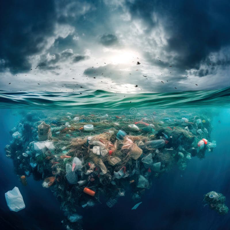 Plastic pollution in ocean stock illustration. Illustration of garbage ...