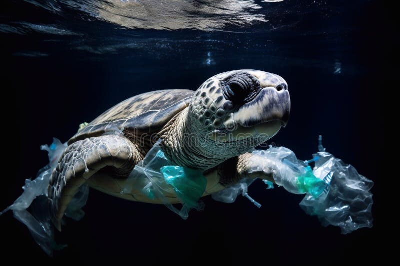 Plastic Pollution in Ocean. Turtle with Plastic Bags and Bottles ...