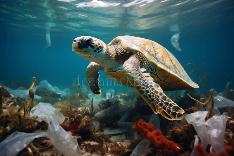 Plastic Pollution in Ocean. Turtle with Plastic Bags and Bottles ...