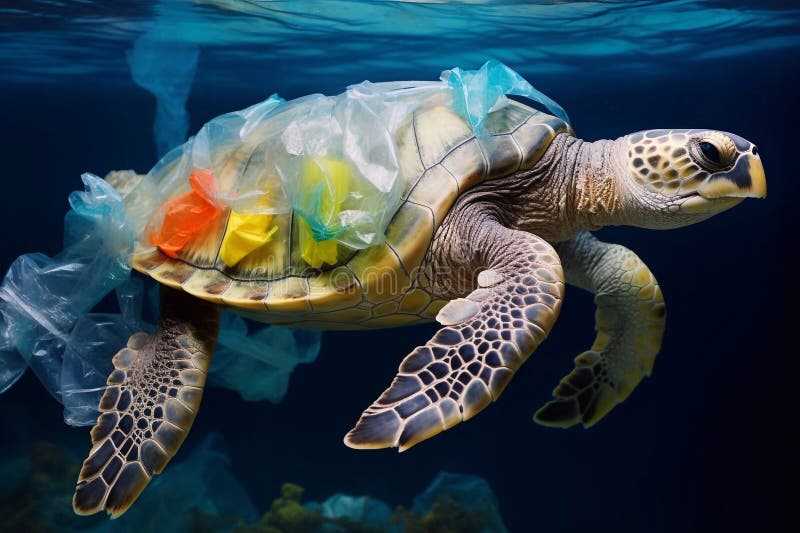 Plastic Pollution in Ocean. Turtle with Plastic Bags and Bottles ...