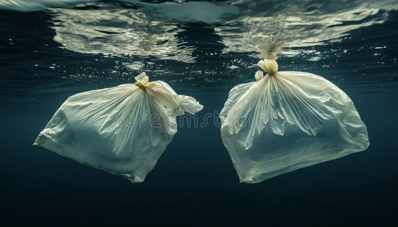 Plastic Pollution in the Ocean, Two Plastic Bags Floating Underwater ...