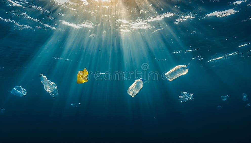 Plastic Pollution in Ocean - Underwater Shine with Garbage Floating on ...