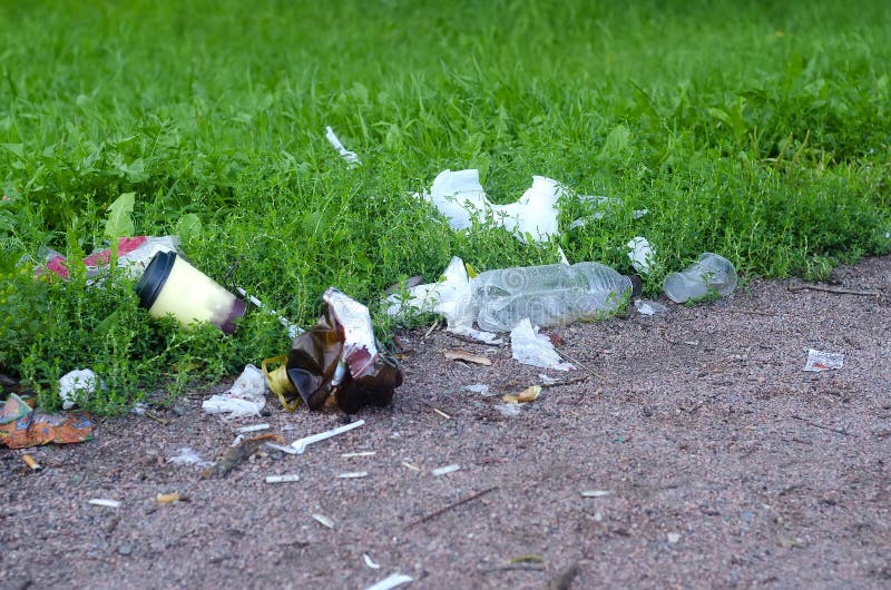 Plastic Pollution in the Park, Close Up. Stock Photo - Image of bags ...