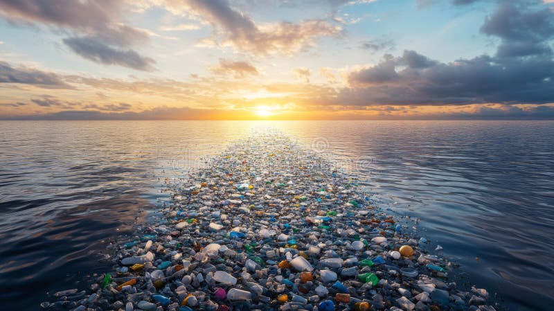 Plastic Pollution Path in the Ocean at Sunset Stock Illustration ...