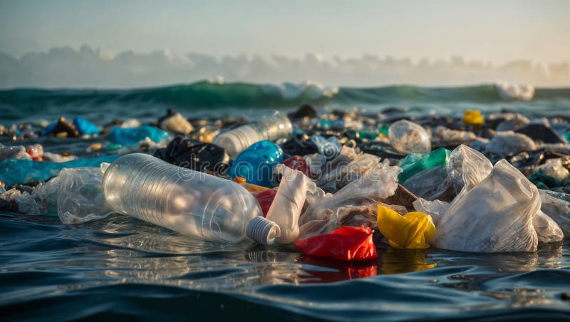 Plastic Pollution Polluting Ocean with Garbage Floating on Water ...