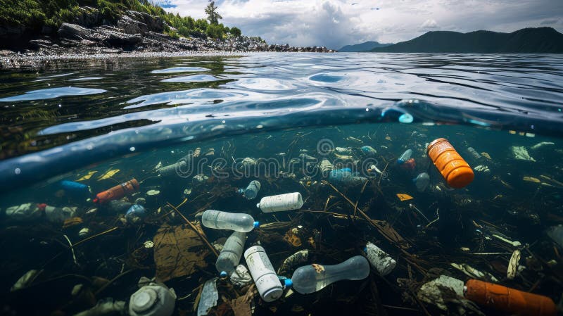 Plastic Pollution in River with Polluted Waters Stock Illustration ...