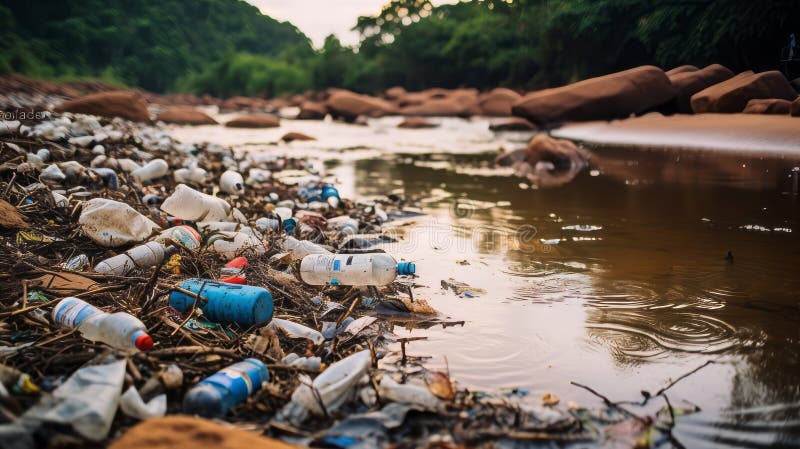 Plastic Pollution in River with Wildlife Affected Stock Illustration ...