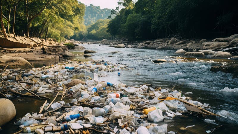 Plastic Pollution in River with Wildlife Affected Stock Illustration ...