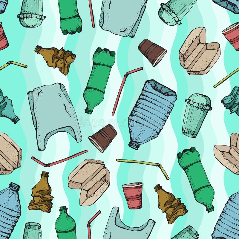 Plastic Pollution Seamless Pattern. Vector Illustration Hand Drawn ...