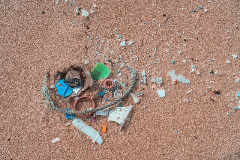 Plastic Pollution on Shore of Beach. Ocean Microplastic Marine Debris ...