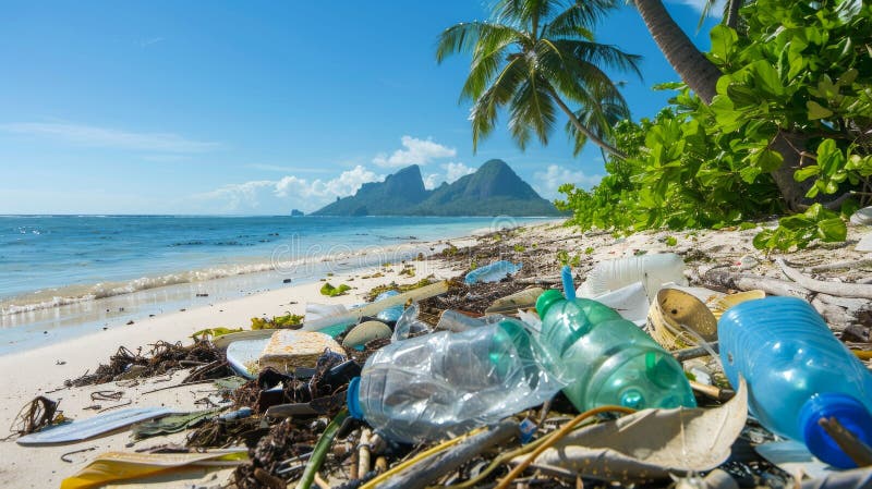 Plastic Pollution on a Tropical Beach. Generative Ai Stock Illustration ...