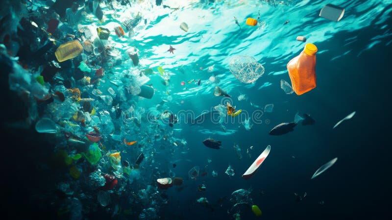 Plastic Pollution Underwater with Various Discarded Objects Stock Photo ...