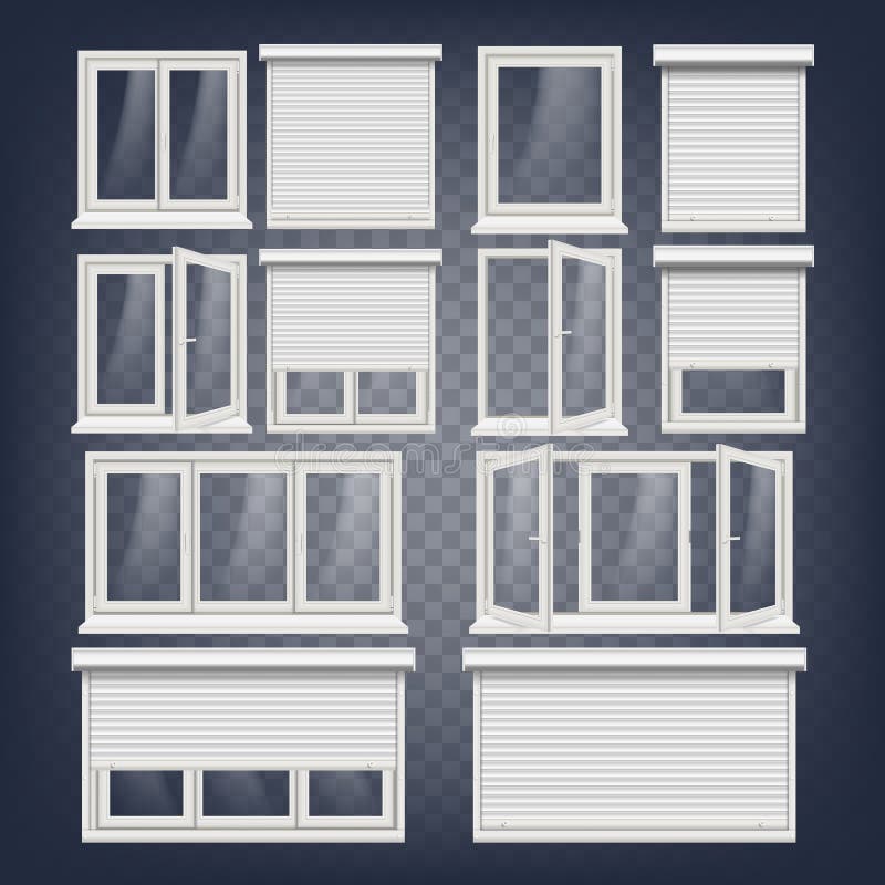 Plastic PVC Windows Set Vector. Different Types. Roller Blind. Opened ...