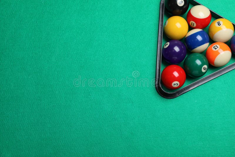 Plastic Rack with Billiard Balls on Green Table, Top View. Space for ...