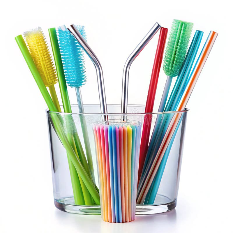 Plastic Reusable Straw Set with Cleaning Brush Stock Illustration ...
