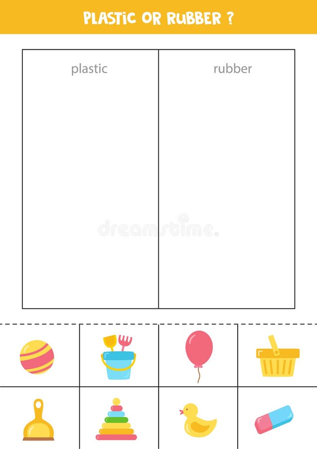 Sort Objects into Plastic or Rubber. Worksheet for Kids. Stock Vector ...