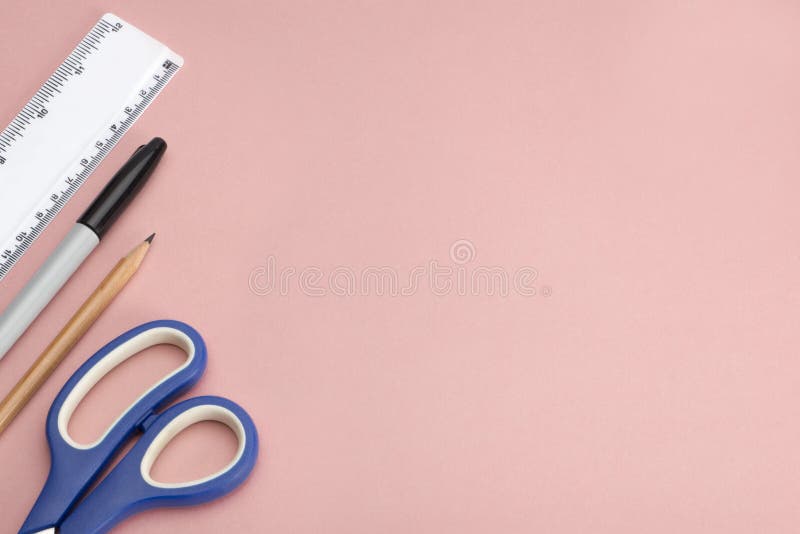Ruler, Pen, Pencil, and Scissors on Pink Background Copy Space Stock ...