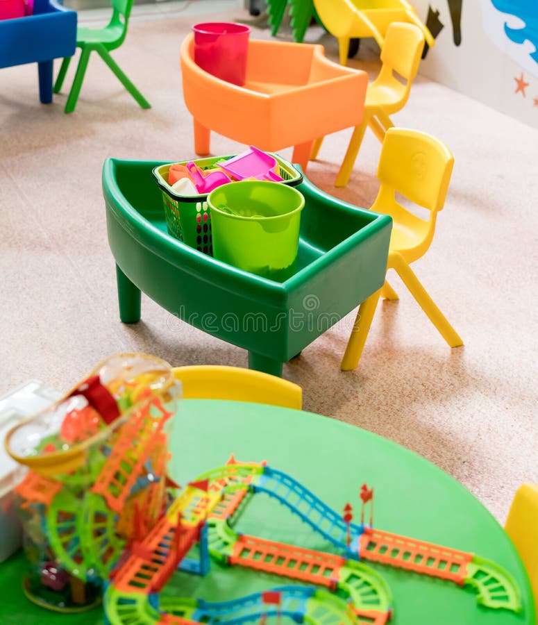 Plastic Sand Toy and Buckets in Play Room Stock Photo - Image of ...