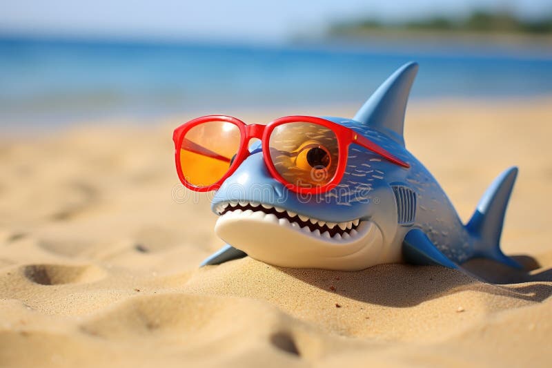 Plastic Shark Toy with Stylish Sunglasses on a Sandy Beach Stock Image ...