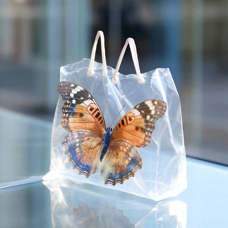 Plastic Shopping Bag with Butterfly Inside on Table Stock Image - Image ...