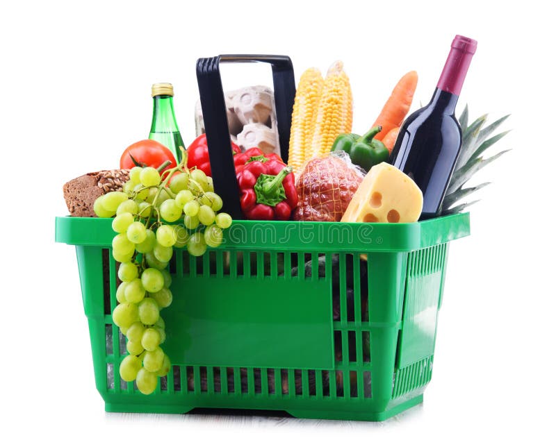 Plastic Shopping Basket with Assorted Grocery Products Stock Image ...