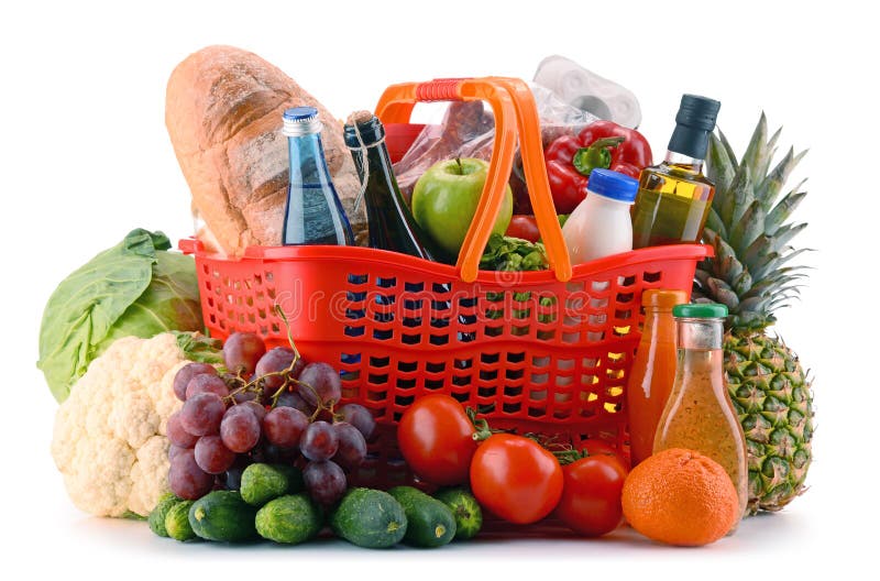 Plastic Shopping Basket with Assorted Grocery Products Stock Image ...