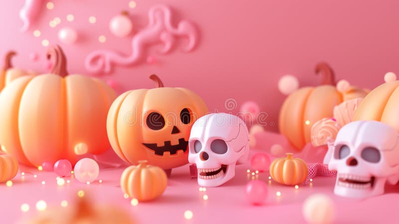 Plastic Skulls and Pumpkins with Floating Ghost Faces on Pink ...