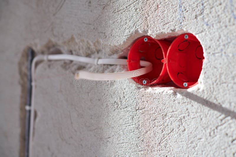 Plastic Socket Boxes and Electrical Wires on Plastered Wall Stock Image ...