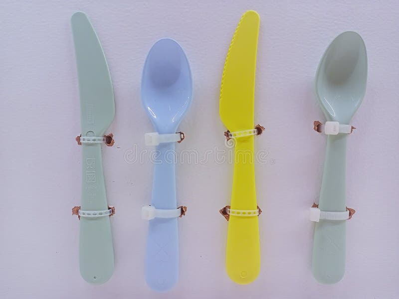 Plastic Spoons and Knife for Baby Stock Image - Image of knife, bottle ...
