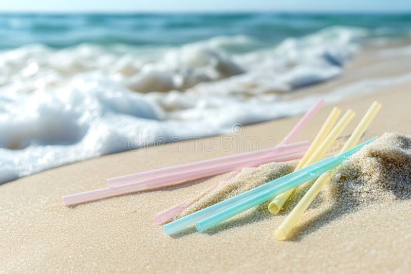 Plastic Straws Polluting Sandy Beach with Ocean Waves Stock Image ...