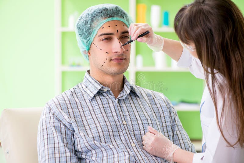 The Plastic Surgeon Preparing for Operation on Man Face Stock Image ...