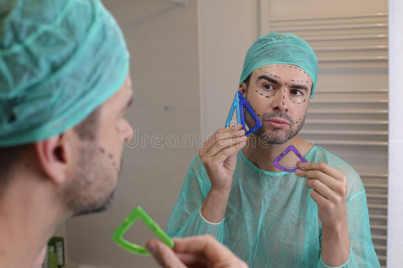 Plastic Surgery Patient Checking His Face Symmetry Stock Photo - Image ...