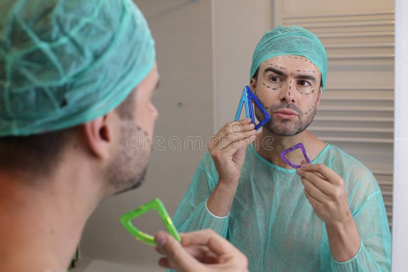 Plastic Surgery Patient Checking His Face Symmetry Stock Photo - Image ...