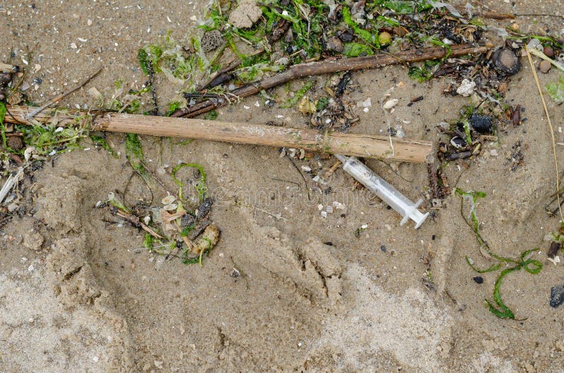 A Plastic Syringe on the Wet Sand among the Debris Stock Photo - Image ...