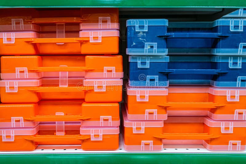 Plastic Tool Boxes on Store Shelves. Stack of Organizers Stock Image ...