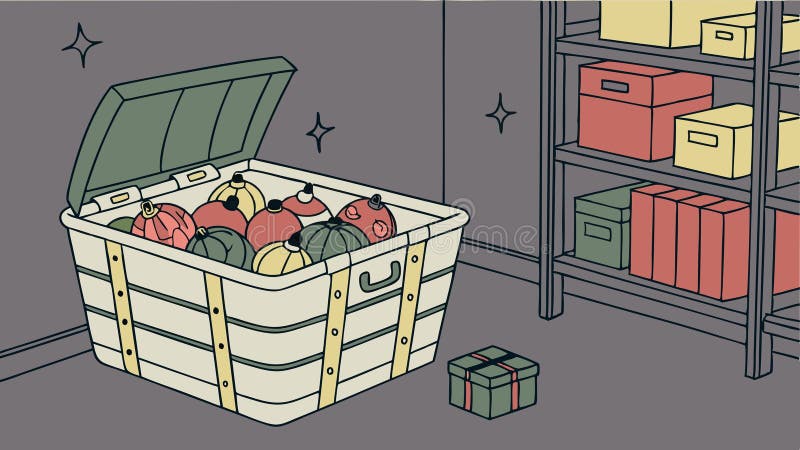 Plastic Tote Filled with Christmas Decorations in a Storage Room Stock ...